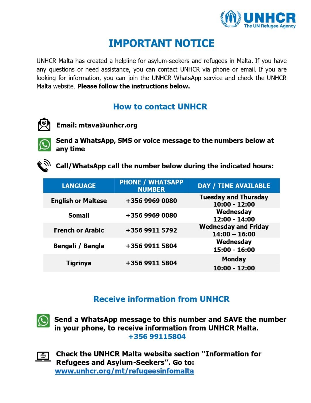 Contact us – UNHCR Malta